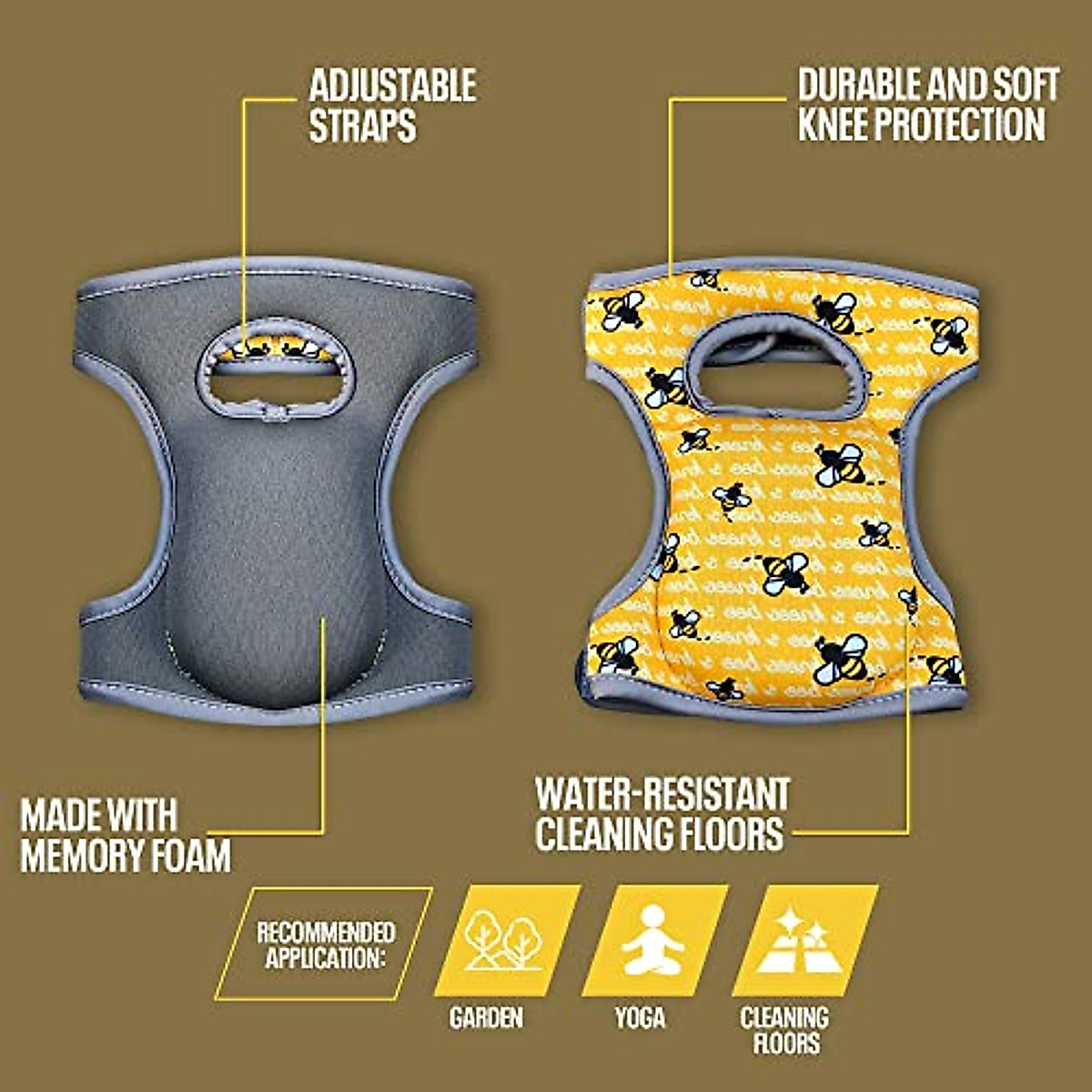 Bee's Knees Cleaning Knee Pads! Great Gift with Soft Foam and NEW LONGER Adjustable Straps, Durable and Soft Knee Protection. Water-Resistant Cleaning Floors, Working in Garden, Yoga, Gardening