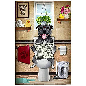 Pitbull Dog is Reading Newspaper in Toilet Vintage Tin Sign Wall Art Plaque Decoration Mural Funny Gifts for Kitchen Coffee Bar Laundry Pub Home Decor Metal Poster 8x12 Inch