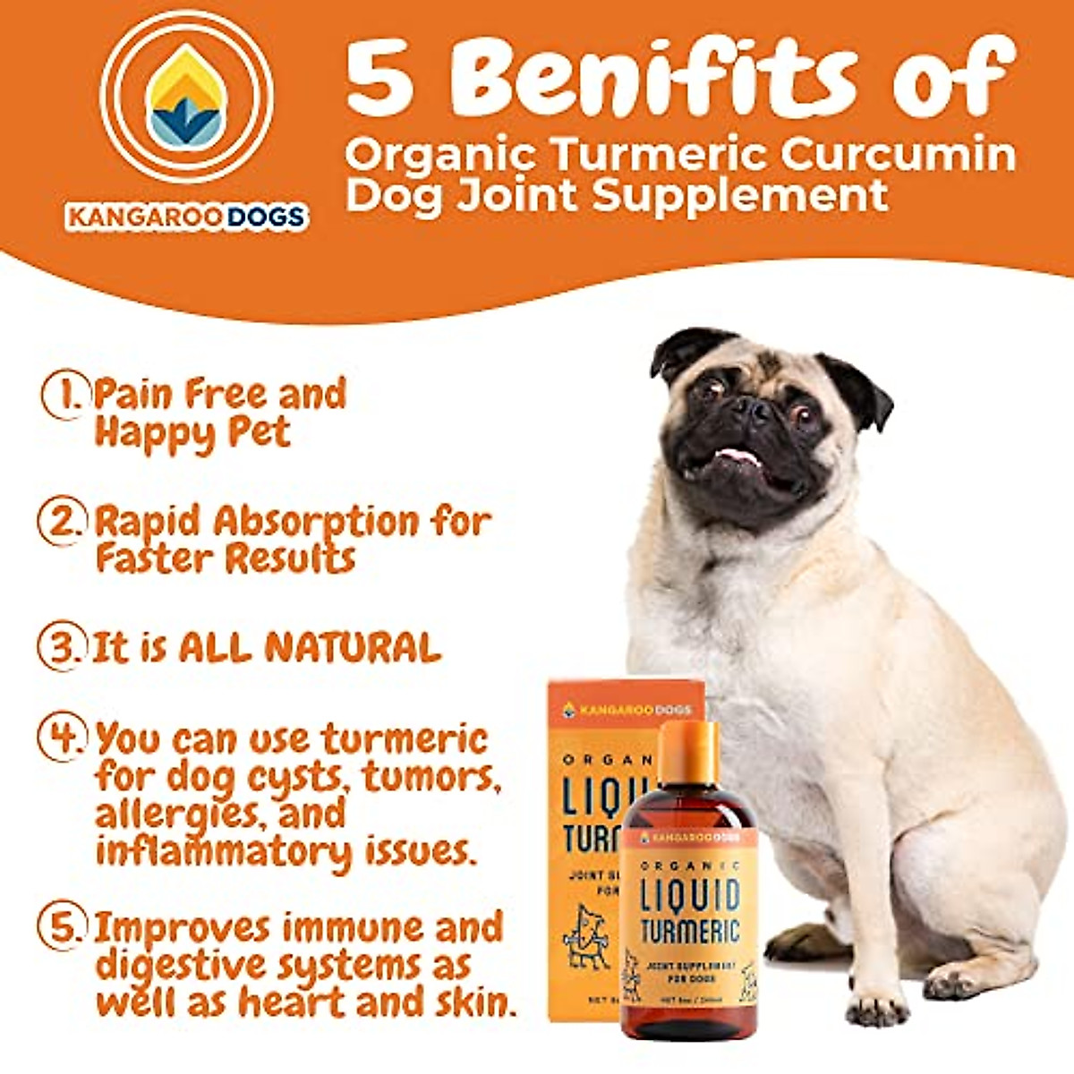 Kangaroo Dogs Organic Turmeric Curcumin Dog Joint Supplement - Liquid for Faster and Better Absorption Natural Dog Joint Supplement Liquid (8 oz)