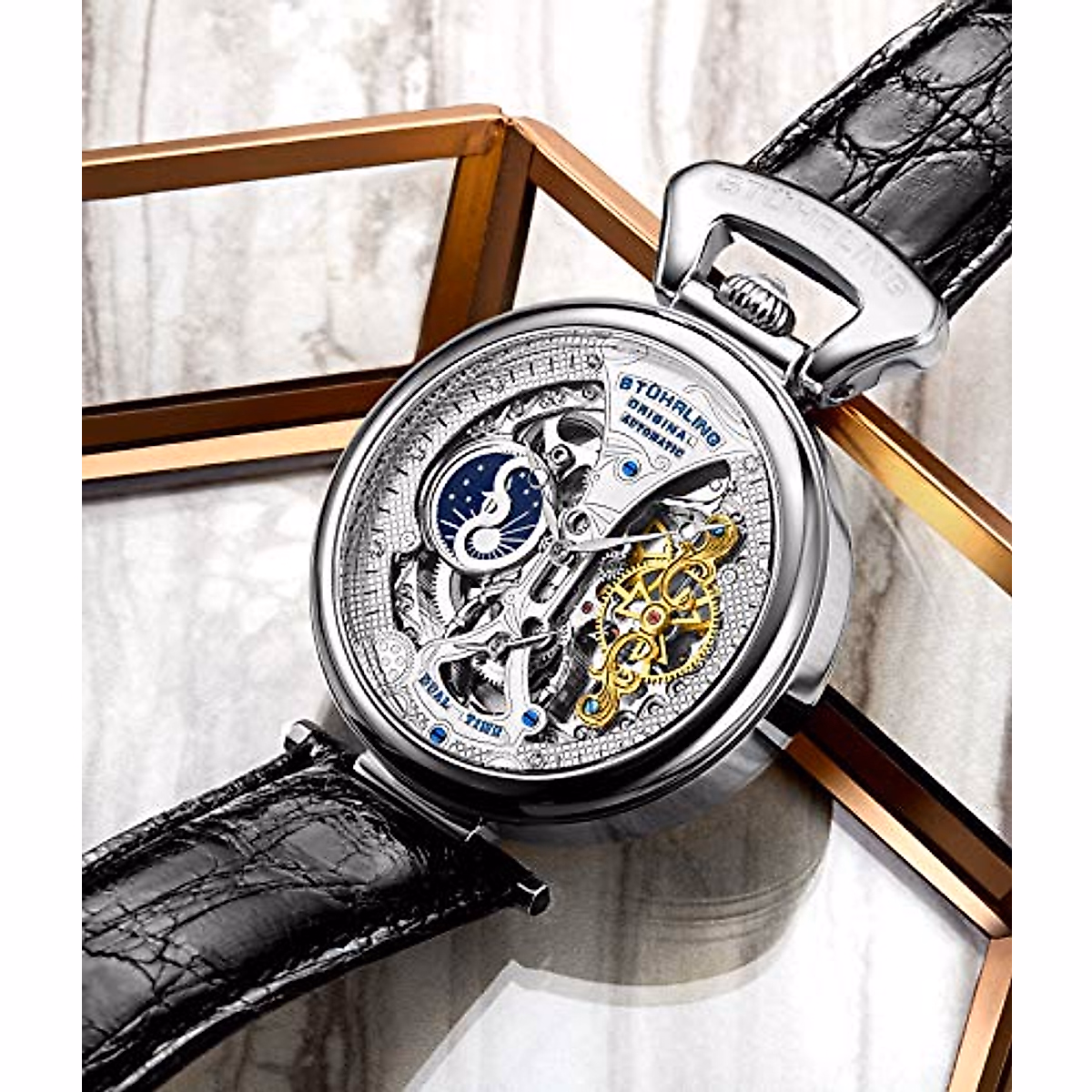 Stührling Original Mens Skeleton Watch Dial Automatic Watch with Calfskin Leather Band and - Dual Time, AM/PM Sun Moon