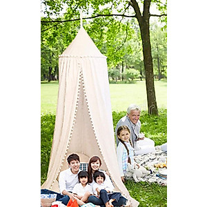 OldPAPA Crib Bed Canopy for Girls Bed with Pom Pom, Cotton Dome Mosquito Net for Baby, Kids Indoor Outdoor Playing Reading, Bedroom Decoration (White)