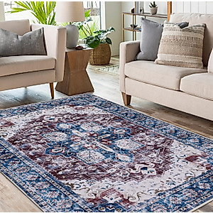 Topotdor Washable Rugs 6x9 Vintage Area Rugs Non-Slip Area Rugs Low Pile Floor Carpet Printed Soft Durable Stain Resistant Foldable Rugs Living Room Dining Room Bedroom,Burgundy