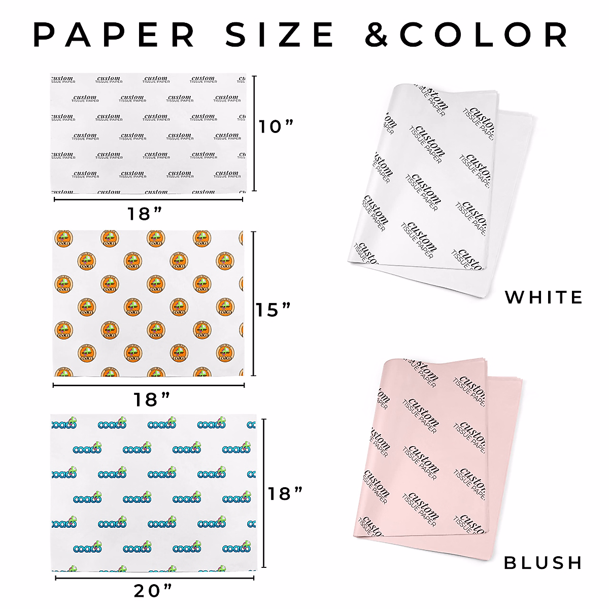 COACO Personalized Tissue Paper, Your Custom Design, Logo, or Text, Great for Holiday or Special Occasion, Small Business Packaging or Gift Wrapping, Gift Bags, 30, 50, or 100 Count, Blush (18"x10")