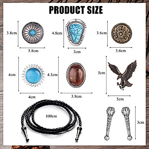 Subiceto 6Pcs Bolo Tie for Men Women Western Cowboy Natural Turquoise Tiger Eye Stone Handmade Shape Round Leather Necktie Vintage Native American Bola Tie Set Eagle