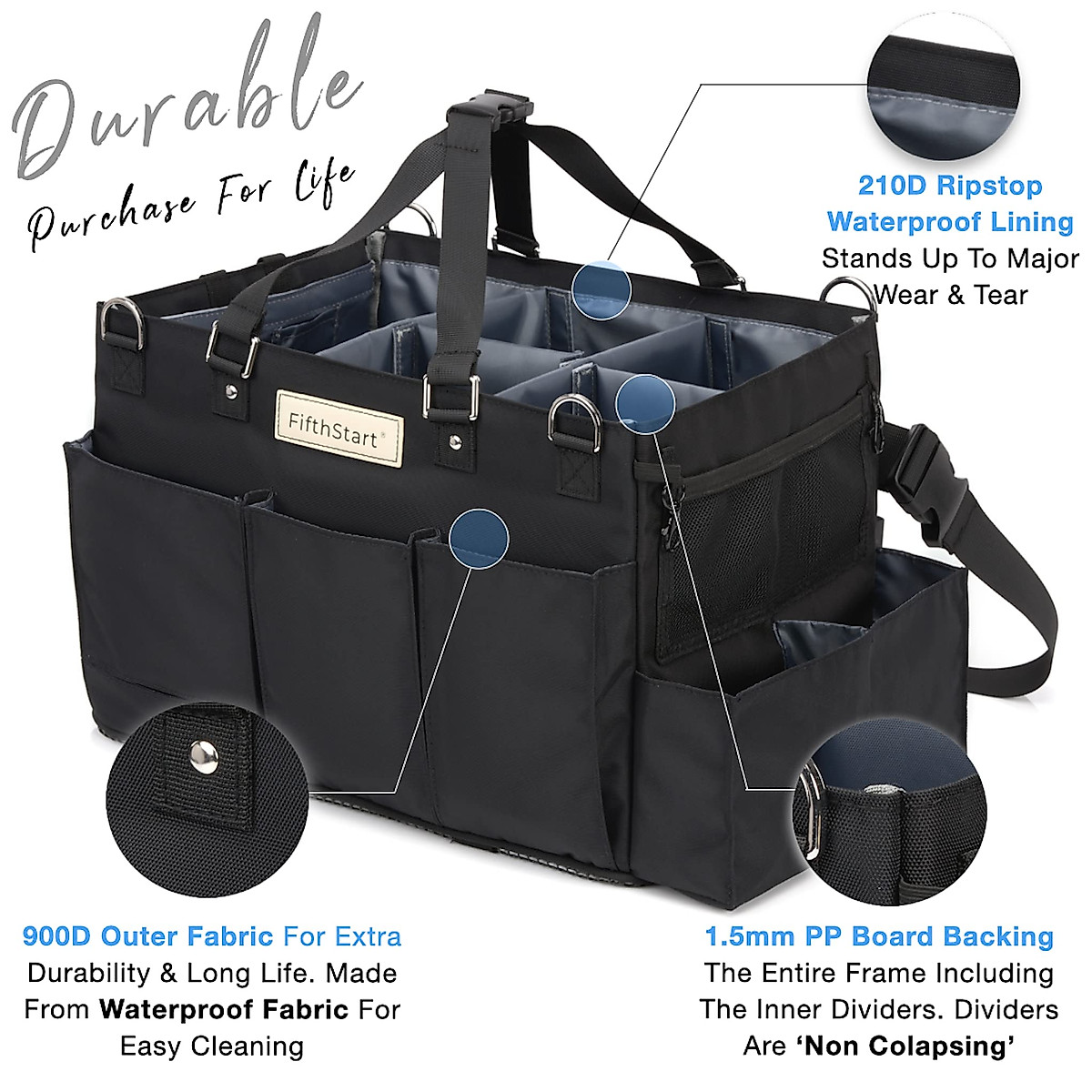 FifthStart Wearable Cleaning Caddy, A Cleaning Supplies Organizer With 4 Corner Shoulder Strap & Removable Waist Strap. Professional Cleaning Caddy Organizer With Handle: (Black, X-Large)