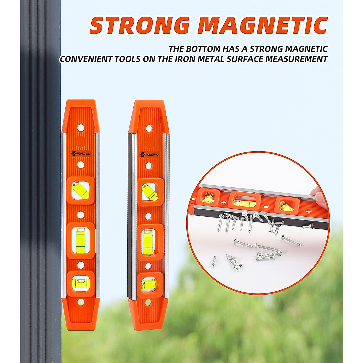 RONGPRO 9 Inch Torpedo Level Magnetic Box Level, Measuring Shock Resistant Torpedo Level with 45°/90°/180° Bubbles, Orange - 2 PCS