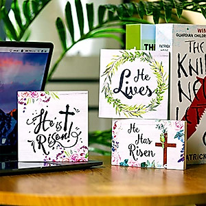 3 Pieces Easter Christian Table Decorations Signs He Is Risen Decor Wooden Inspirational Tiered Tray Block Signs Easter Spring Table Centerpieces He Lives Tabletop Decor for Holidays Home