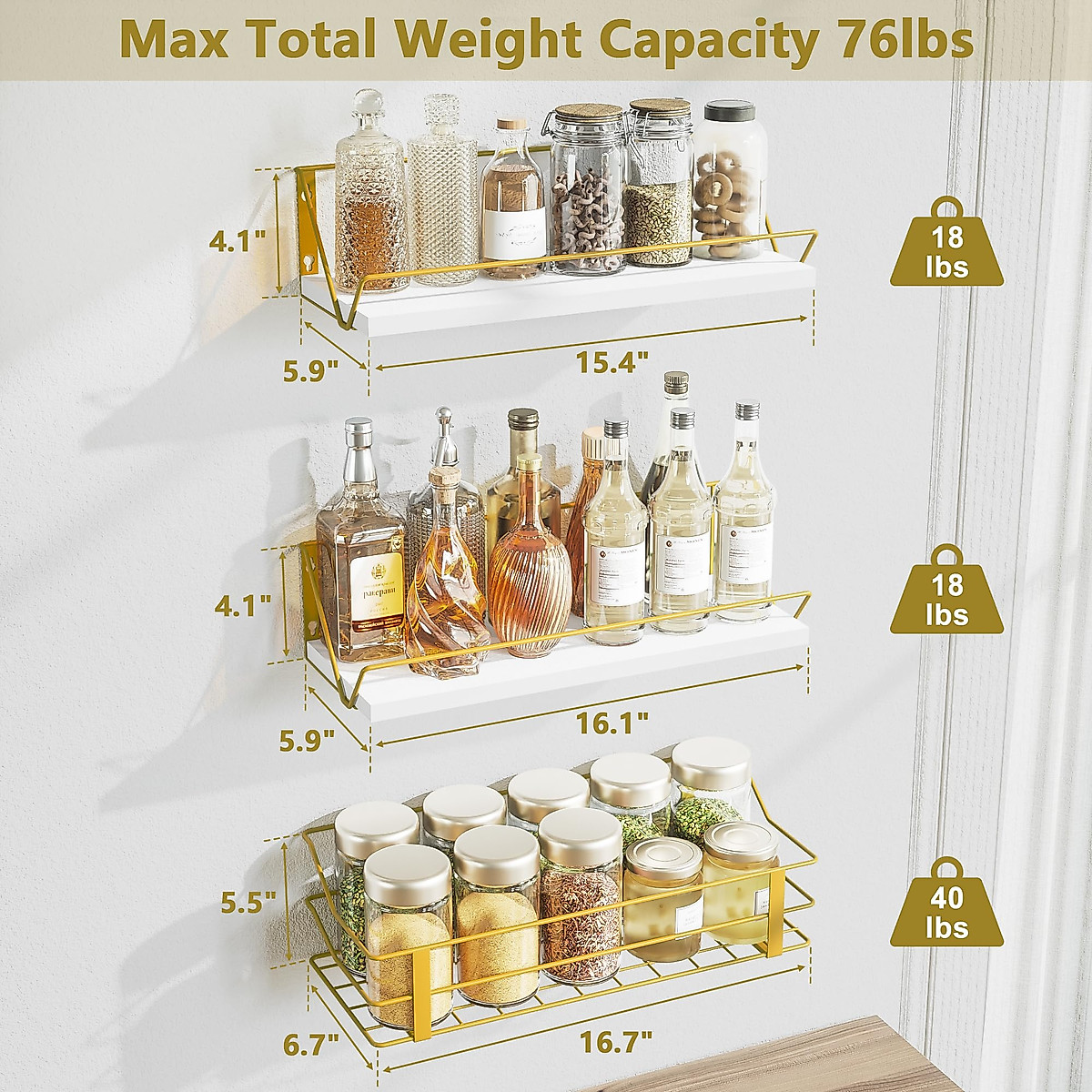 Love-KANKEI Floating Shelves Wall Mounted, Bathroom Shelves Over Toilet with Towel Bar,Wall Shelves with Storage Wire Basket, Wood Shelves for Bedroom Kitchen Living Room Books, Set of 3, White