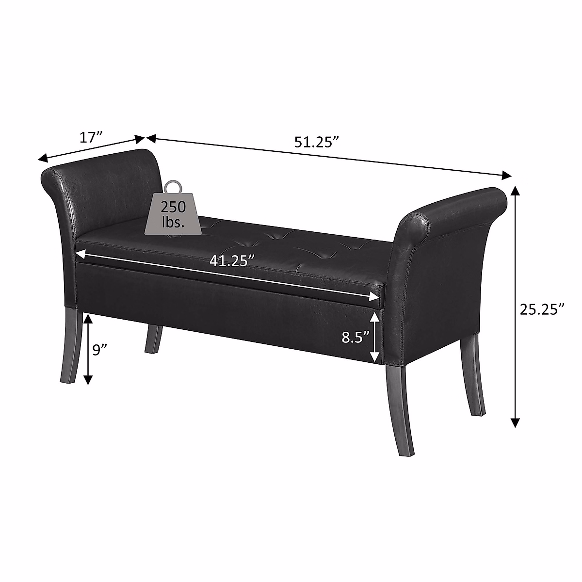 Convenience Concepts Designs4Comfort Garbo Upholstered Modern Ottoman Living Room, Sitting, Storage Bench with Seating for Entryway, 51.25", Espresso Faux Leather