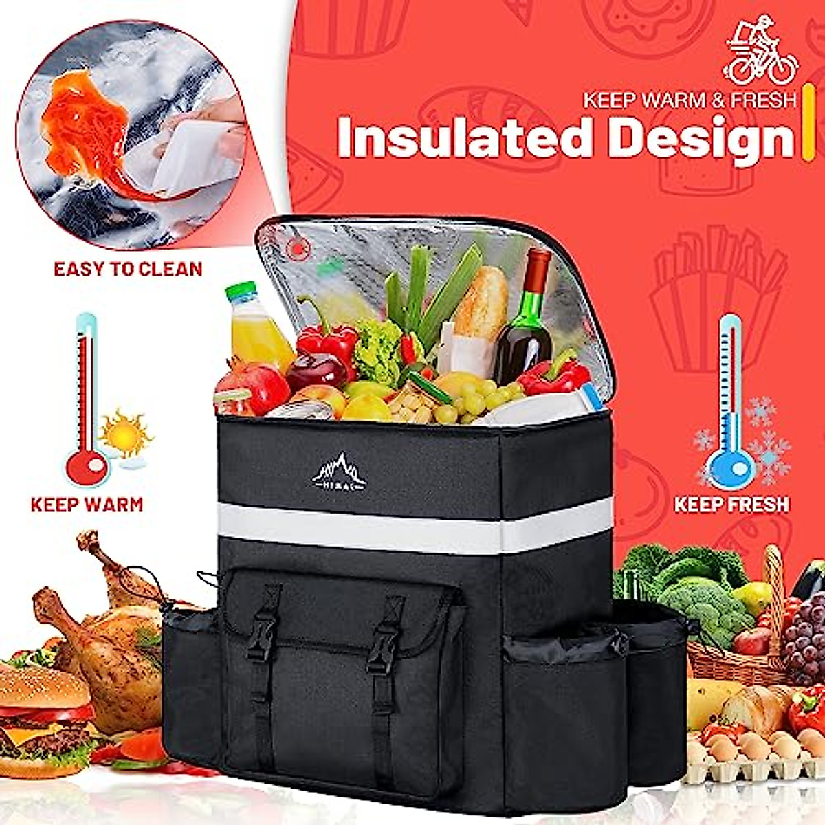 GoHimal Food Delivery Backpack, insulated delivery bags for Delivery Bike, Large Pizza Delivery Bag for HOT/COLD with 4 Pockets Reflective Strip for Uber Eat,Camping & Beach (Black)