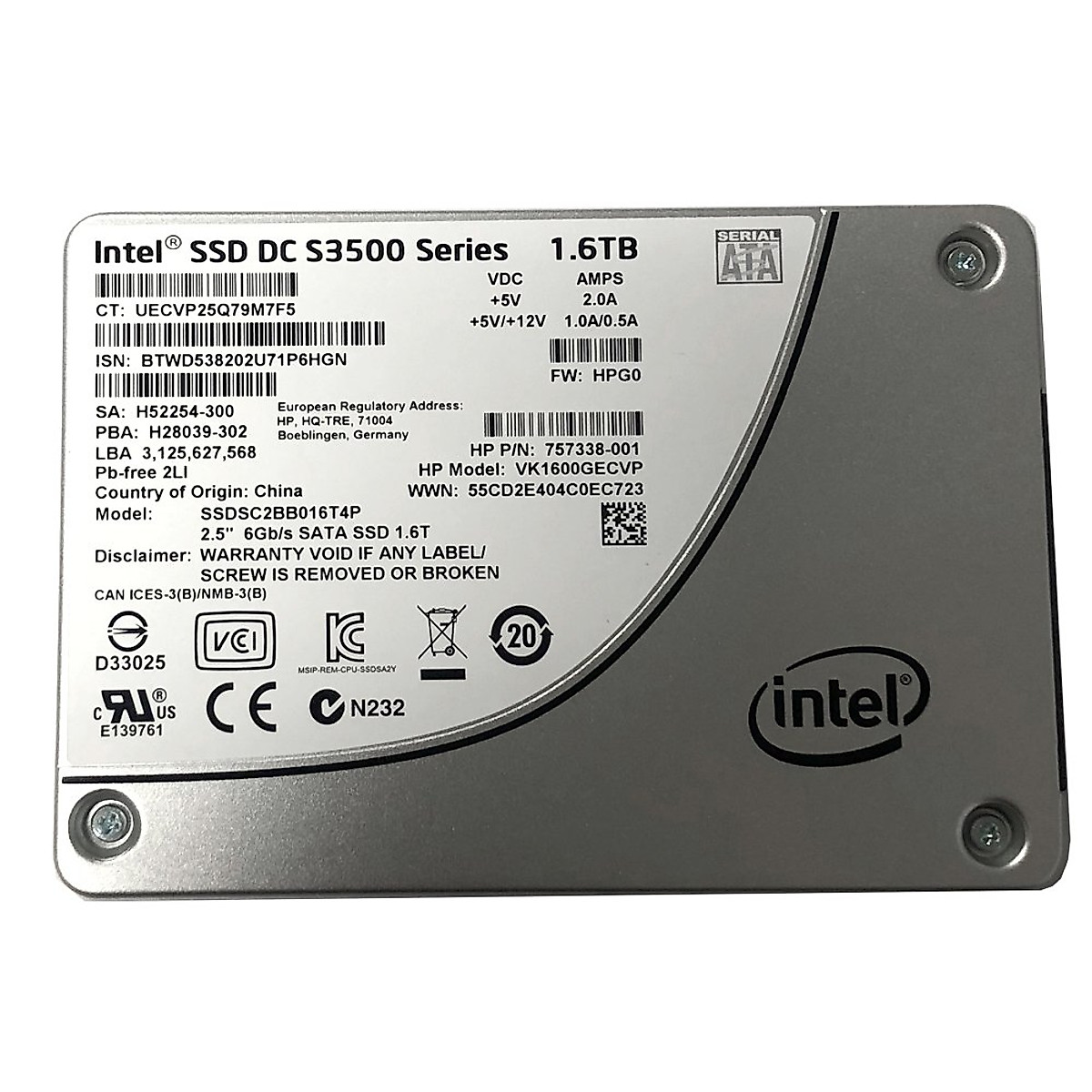 Intel DC S3500 Series 1.6TB 2.5-inch 7mm SATA III MLC (6.0Gb/s) Internal Solid State Drive (SSD) SSDSC2BB016T4P / (HP # 757338-001 / VK1600GECVP) - New OEM w/ 5 Years Warranty
