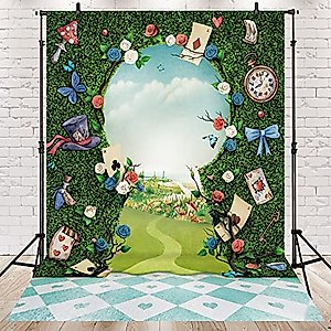 Newsely Wonderland Tea Party Photo Backdrop 5Wx7H Photography Key Hold Checkerboard Green Grass Fence Decorations Background for Newborn Baby Shower Fairy Castle Tale Tapestry Banner Props Supplies