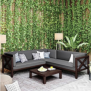 Merax Patio Furniture Sets 4 Pieces, Outdoor Solid Wood Sectional Sofa with Soft Cushions & Coffee Table, Grey