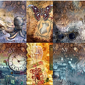 Dark Steampunk Mulberry Rice Paper, 8 x 10.5 inch - 6 x Different Printed Mulberry Paper Images 30gsm Visible Fibres for Decoupage Crafts Mixed Media Collage Art