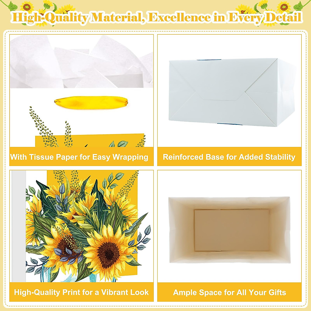 FaCraft Sunflower Gift Bag 13" Watercolor Flower and Vase Gift Bag Large Gift Bag with Tissue Paper for Birthdays, Mothers Day,Anniversary,Baby Shower,Bridal Shower Sunflower Party Supplies