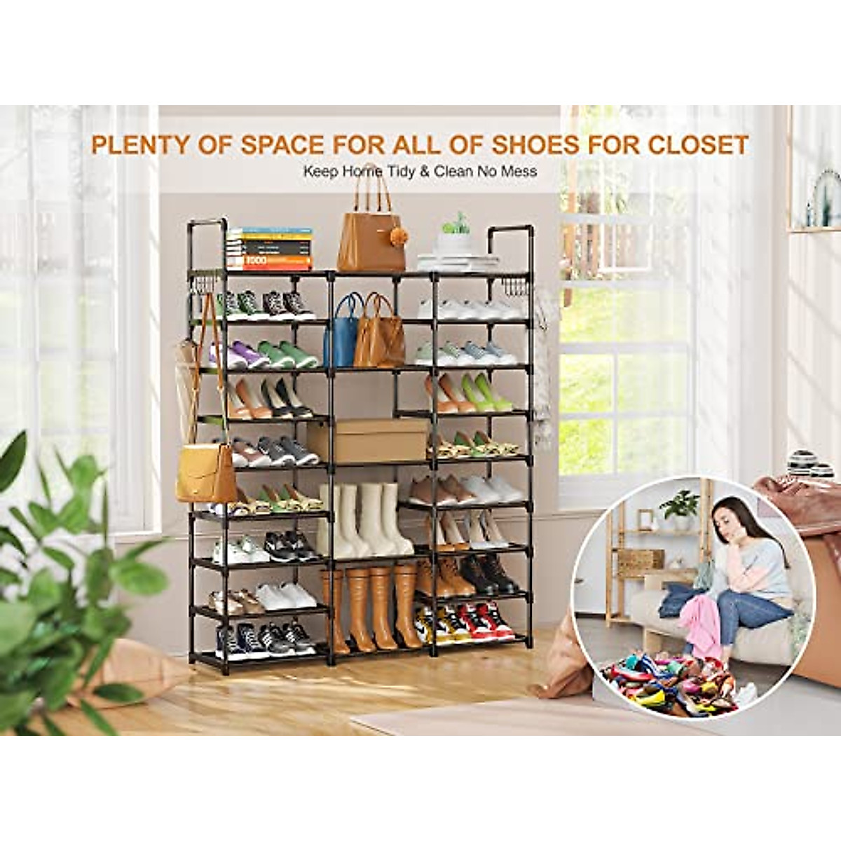 9 Tier Shoe Rack for Closet | Metal Shoe Shelf | Black Vertical Versatile Garage Entryway Tall Storage Organizer for 40-60 Pairs of Shoes and Boots | Large Capacity Sturdy Save Space Easy to Assemble