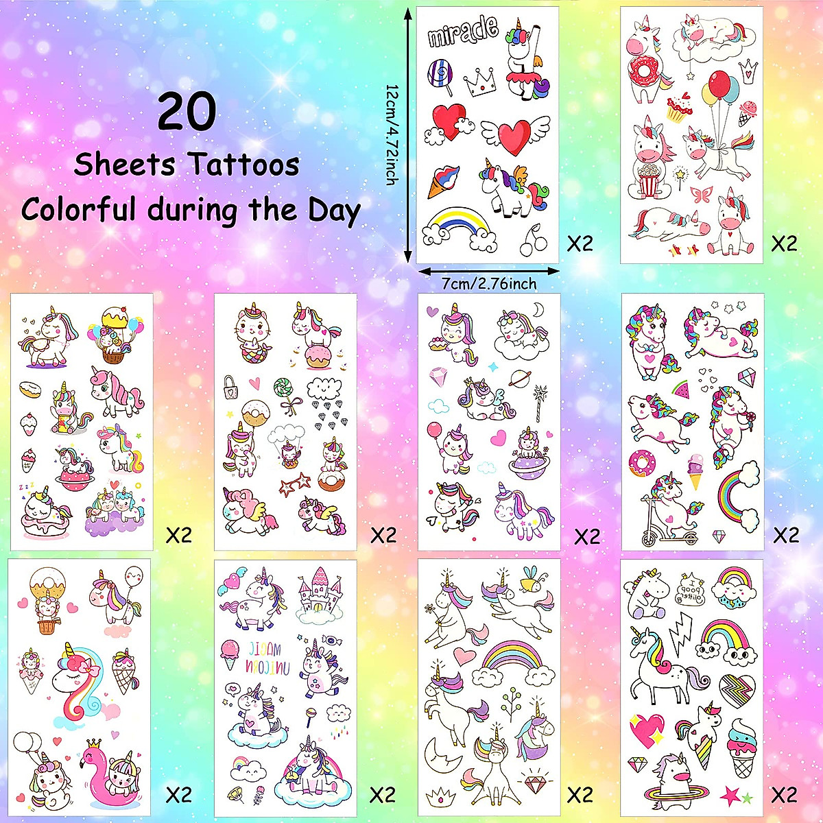 Maitys 20 Sheets 228 Pieces Luminous Unicorn Temporary Tattoos for Kids Glow in The Dark Tattoos Unicorn Games Toys for Girls Kids Birthday Party Supplies Decoration, 10 Styles
