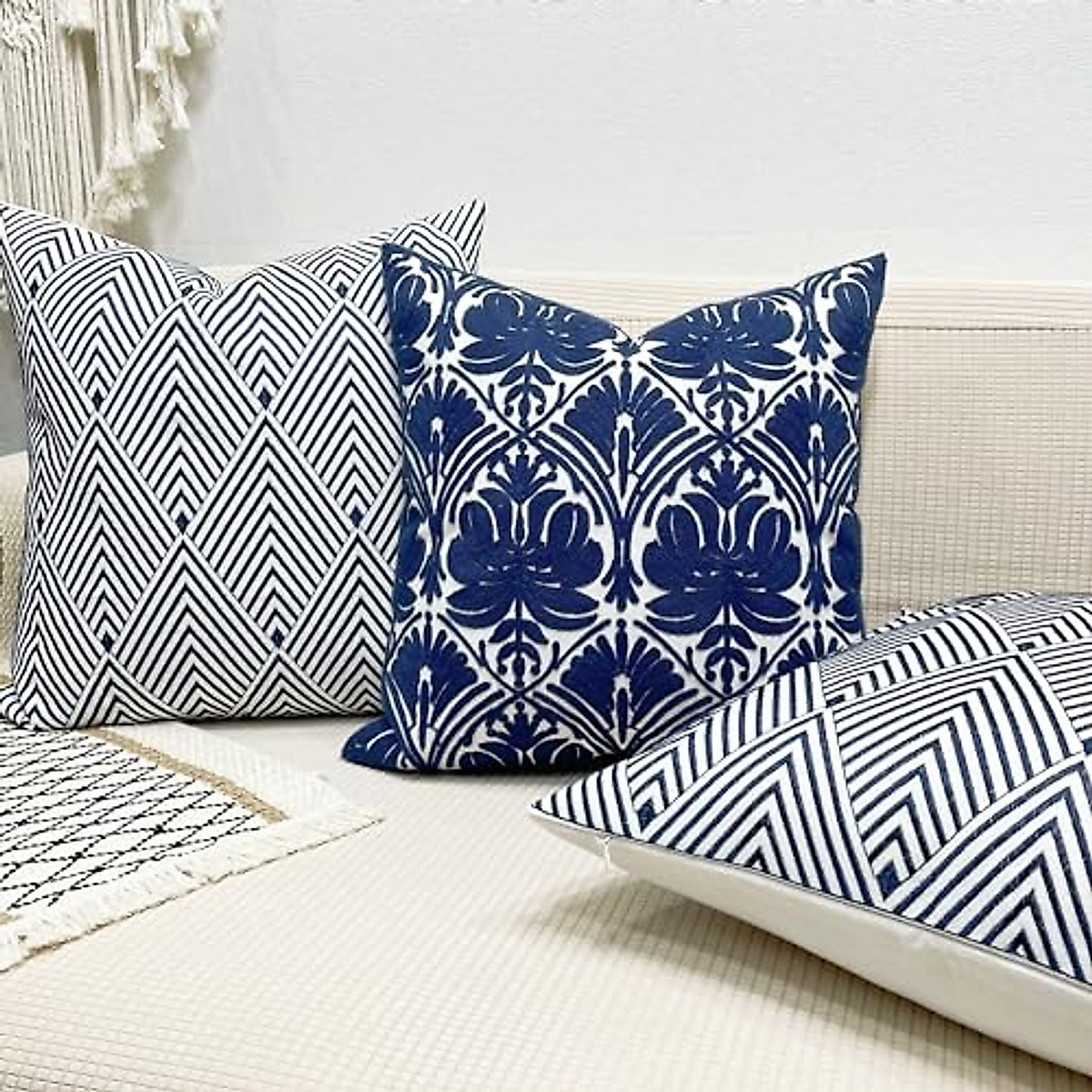 Slow Cow Pack of 2 Embroidery Throw Pillow Covers, Geometric Diamonds Navy Decorative Throw Pillow Cases for Sofa 18 x18 Inches