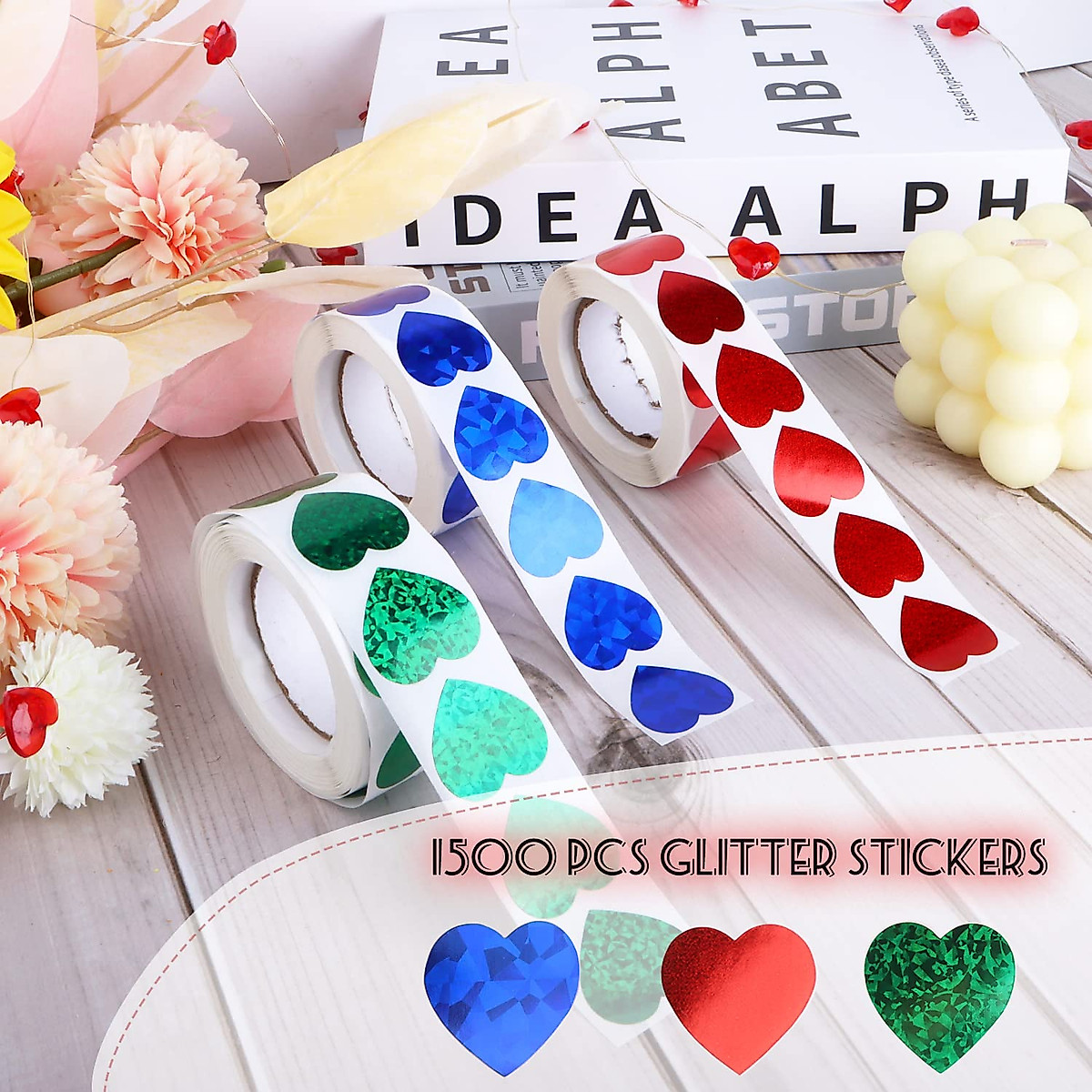 Hearts Stickers, 1500 PCS Glitter Valentine Stickers, 1” Red Blue Green Roll Self Adhesive Heart Shaped Love Labels for Adult Kids Valentine's Day Anniversaries Wedding Envelope Seal Decoration Decor