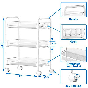 OVICAR Mesh Wire 3 Tier Rolling Cart, Kitchen Storage Utility Cart, Multifunction Basket Stand for Bathroom, Full Metal Storage Art Trolley Carts with Wheels & 4 Side Hooks (White)
