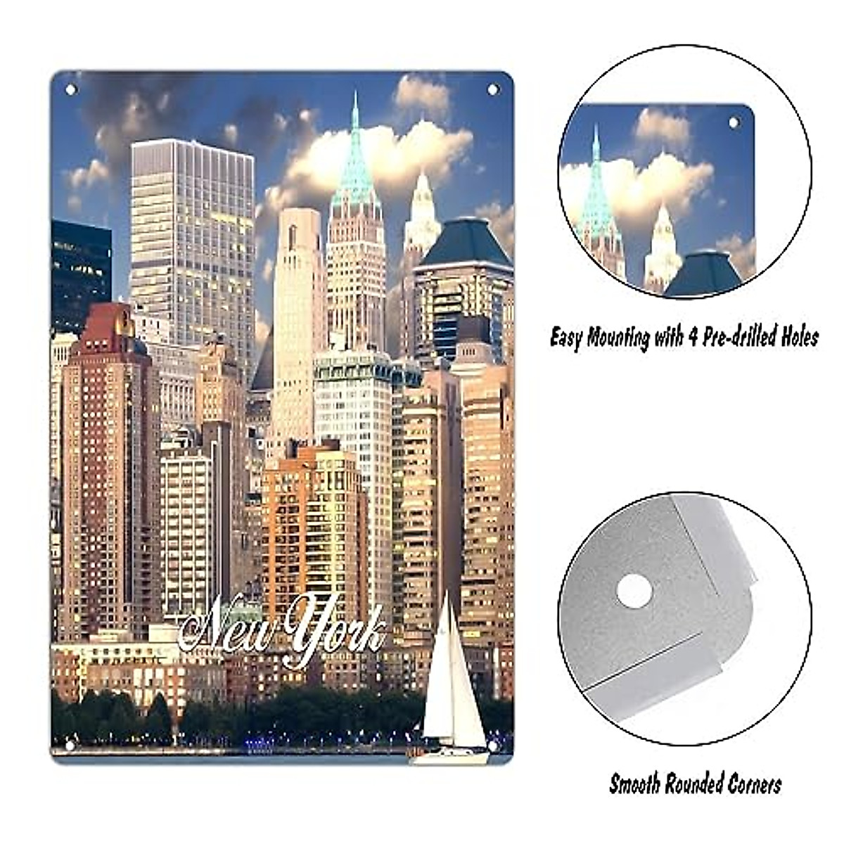 Personalized Metal Tin Sign Skyline New York City Landscape Home Décor Garage Signs for Front Door Outside House USA Street Painting State Building Art Poster Gift for Bathroom 12x18in