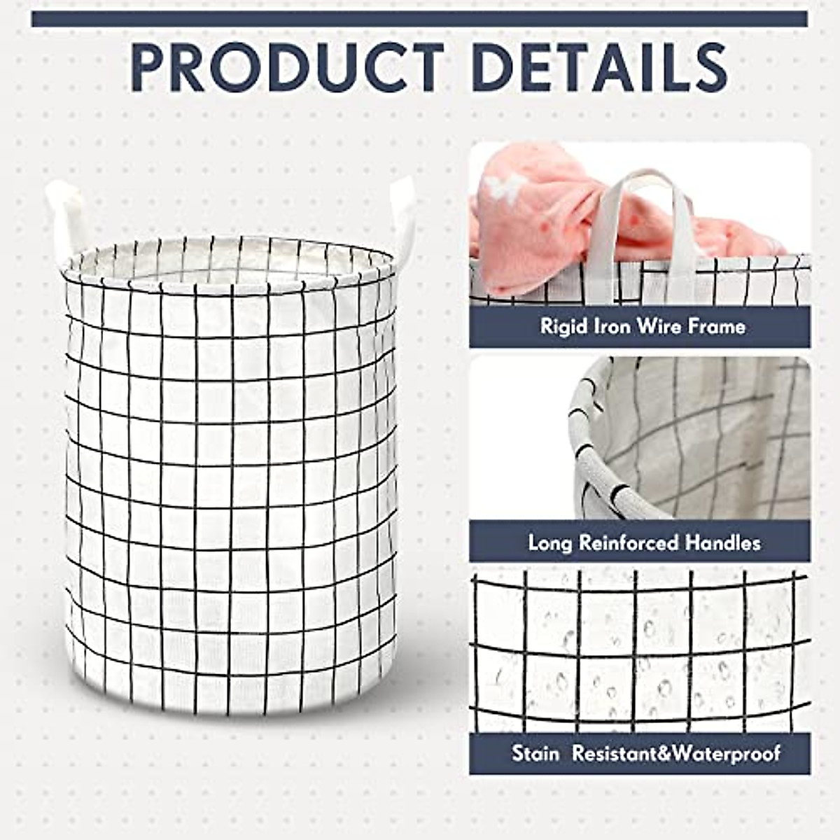 Nuogo 8 Pieces Freestanding Laundry Basket Round Collapsible Organizer Basket Cotton Linen Washable Laundry Hamper Waterproof Laundry Room Organization Large Storage Bins for Kids Toy Room Nursery