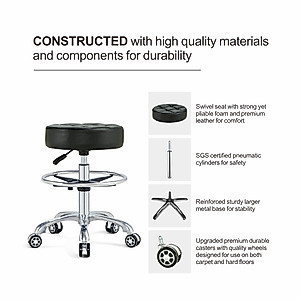 Kastele Height Adjustable Rolling Desk Stool Swivel Chair with Casters Heavy Duty for Salon, Spa, Massage,Tattoo,Esthetician,Shop,Kitchen (No Backrest with Casters, Black)