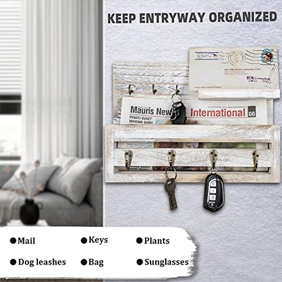 Wood Mail Organizer Wall Mounted - Key Holder for Wall, Mail and Key Holder with Shelf, Mail Holder with Key Hooks for Letter, Bills and Dog Leash, Rustic Mail Sorter for Entryway, Office, White