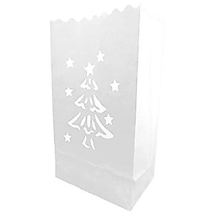 CleverDelights White Luminary Bags - 10 Count - Christmas Tree Design - Wedding Party Christmas Holiday Luminaria