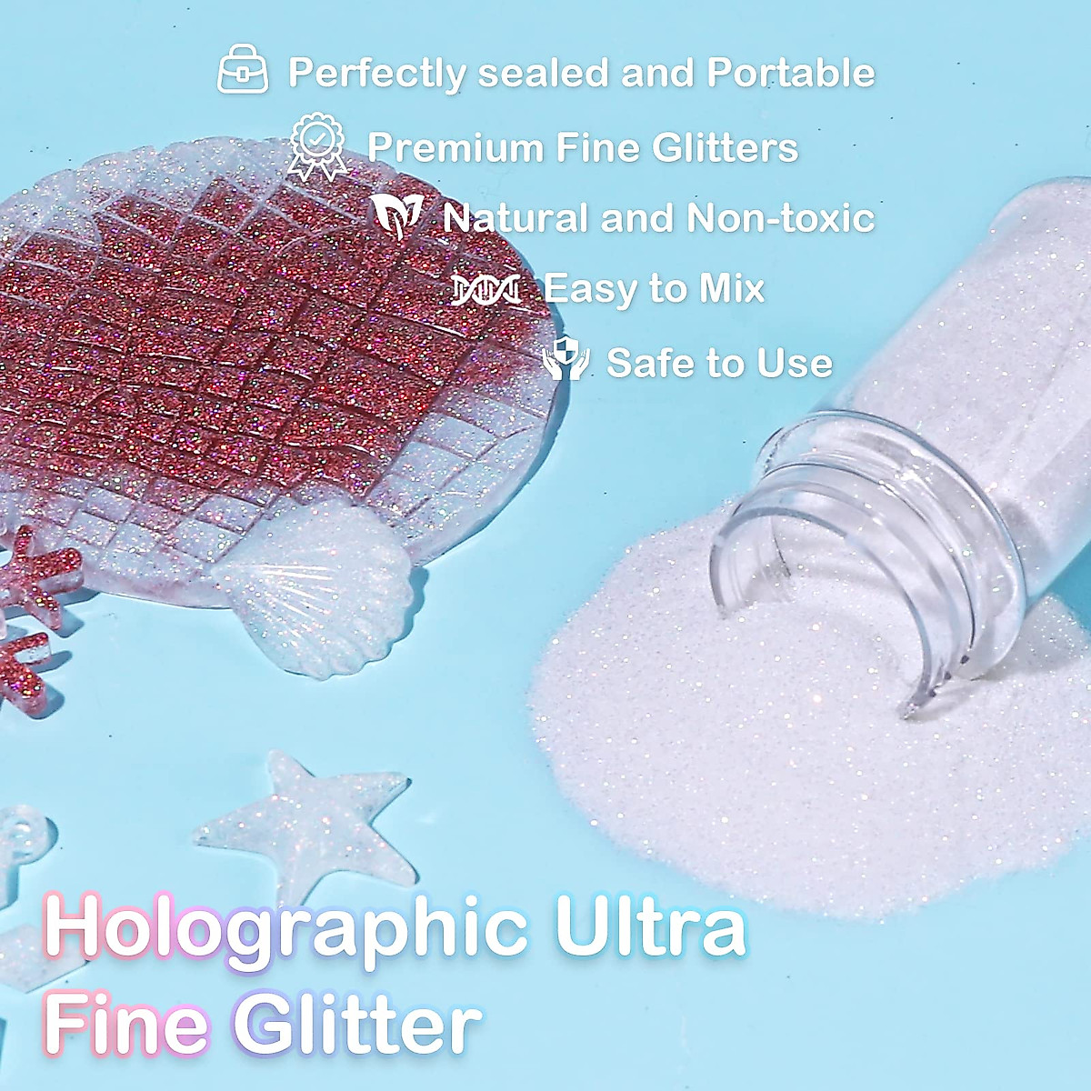 HTVRONT Holographic Fine White Glitter - 50 g/1.76 oz Glitter for Resin, Non-Toxic Fine Glitter for Nails, Resin, Candle Making, Crafts