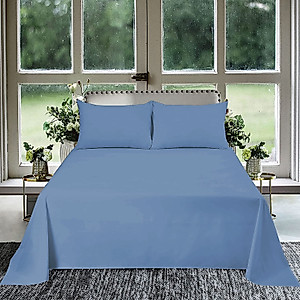 Luxurious 3 Piece Flat Sheet 800 Thread Count 100% Egyptian Cotton Luxury Soft Fabric Flat Sheet Oversized King Plus Size (120" x 120") Inch - Medium Blue Solid