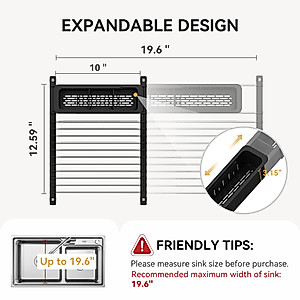 Yofidra Expandable Roll-Up Dish Drying Rack (Up to 19.6") with Expandable Storage Basket, Over-The-Sink Dish Drainer Drying Rack, Foldable Stainless Steel Kitchen Drainer - Black