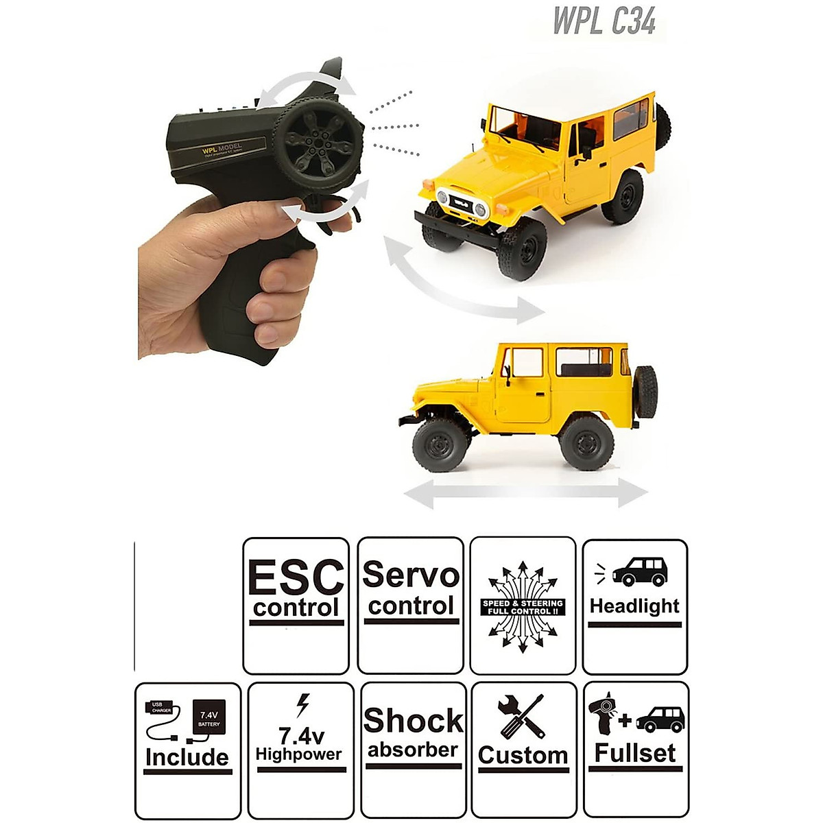 YIKESHU RC Rock Crawler RC Truck 4x4 WPL C34 RTR Mudding Remote Control Truck 2.4Ghz 1/16 RC Crawler All Terrain Car, Full Scale Off Road Truck Realistic Vehicle Hobby RTR Adult