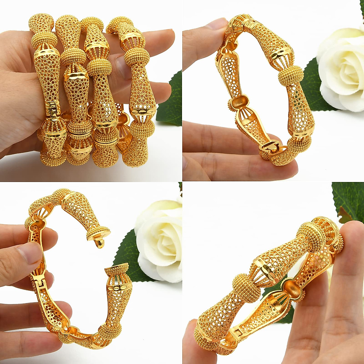 Dubai Gold Bangles for Women Indian African Wedding Bracelets 18K Gold Plated Ethiopian Bridal Jewelry-4pcs