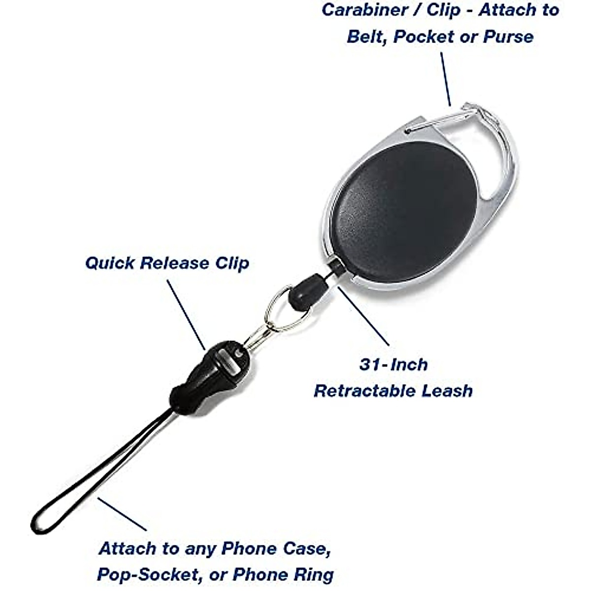 Phone Assured Phone Tether - 31" Safety Anti Theft Retractable Phone Clip - Anti-Drop Travel Clip - Black Smartphone Clip for Pants or Purse - Universal Connection Fits Any Smartphone Case (1 Pack)
