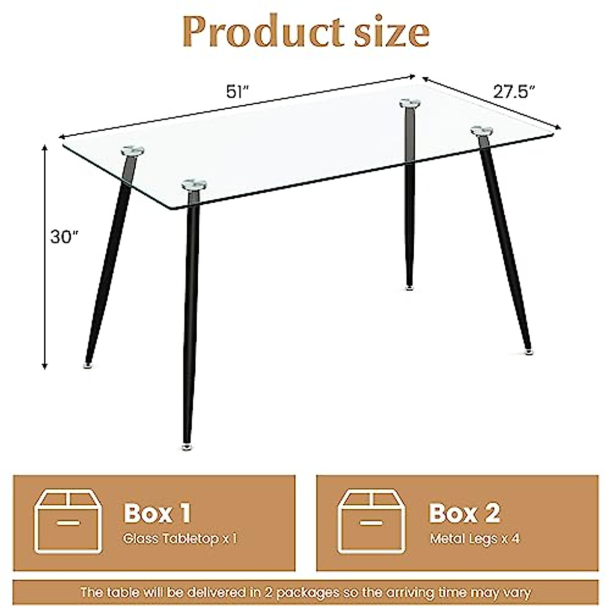 Tangkula Glass Dining Table, Modern Rectangular Table with Tempered Glass Tabletop & Black Steel Legs, Simplistic Kitchen Table, 51 x 27.5 x 29.5 Inch, Versatile Table for Home Office