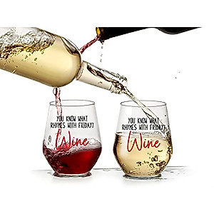 Rhymes With Friday - Funny Wine Glass for Women, Best Friend Gift For Women, Funny Gifts for Her, Birthday Gifts for Women or Men, Unique Gift for Girlfriend, Sister, BFF, 15oz Stemless Wine Glass