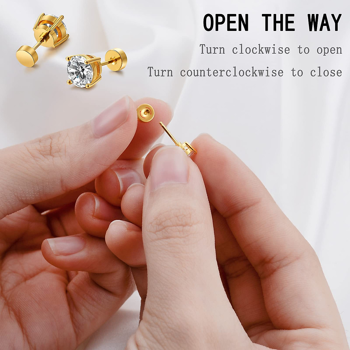 Kainier Women's 5 Pairs 14K Gold Plated CZ Stud Earrings Flat Back Earrings Simulated Diamond Round Surgical Steel Cubic Zirconia Hypoallergenic Flat Back Ear Stud Set（5 Pairs)