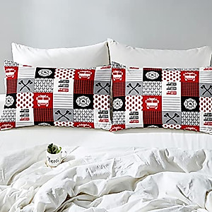 5Pcs Red Fire Truck Car Duvet Cover Set Queen Size & Curtain Set: 1 Duvet Cover + 2 Pillowcase + 2 Panels of 42 W x 63 L inch Each