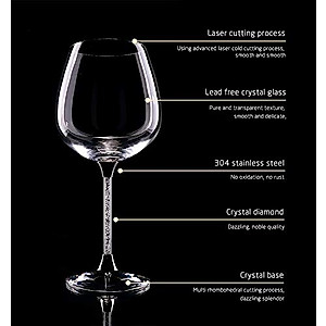 Gold With Diamond Wine Glasses Set of 2 - Weddings, Birthdays, Parties - Rhinestone DIAMOND Filled Stem Studded - Long Stem, 18oz 9-inches Tall – Glassware Laser Cut Diamond Base 18 Ounces Glass Gift