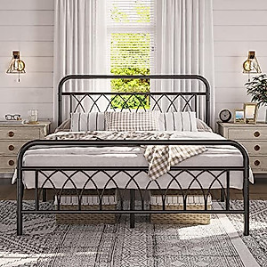 Yaheetech Queen Bed Frame Metal Platform Bed with Petal Accented Headboard/Footboard/14.4 Inch Under Bed Storage/No Box Spring Needed,Black