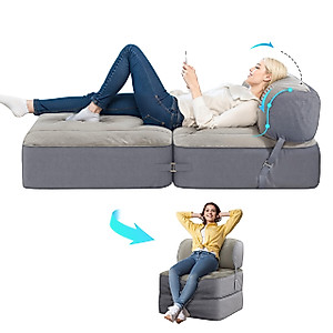 Daneey Convertible Folding Sofa Bed, Folding Chair Bed, Convertible Chair Bed Sleeper and Fold Out Couch, Foam Floor Sofa Couch Bed, Futon Sofa Bed for Bedroom/Living Room/Dorm, Gray