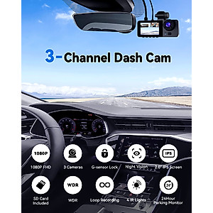 Dash Cam Front and Rear Inside, 3 Channel Dash Camera 1080P Full HD with 32GB SD Card, Car Camera with 2.0’’ IPS Screen, Night Vision, WDR, G-Sensor, Loop Recording, Parking Mode, Motion Detection