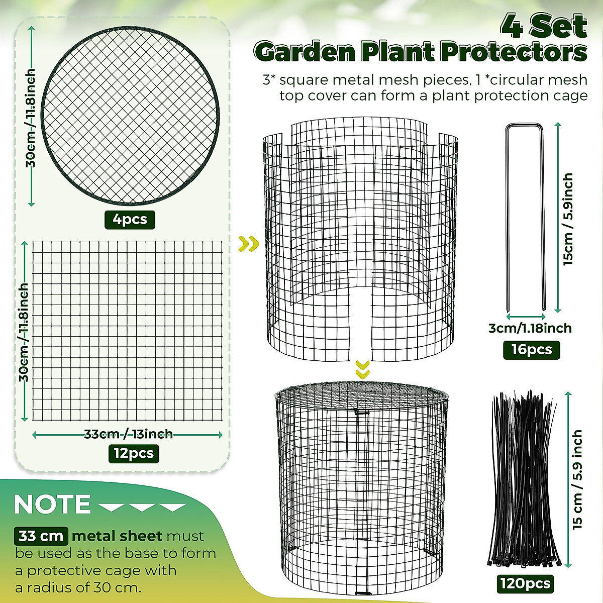 Hiboom 4 Set Garden Plant Protectors from Animals with Stakes, Metal Mesh and Detachable Covers Wire Plant Cage for Keeping Bunny Animals Out, Chicken Wire Plant Cover Garden Protection (Dark Green)