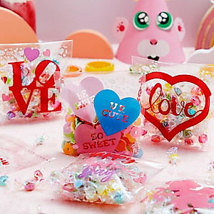JOYIN 150 Pcs Valentine Cellophane Gift Bags Square Cellophane Candy Bags Valentine Goodies Bags in 6 Designs for Kids Valentine's Day Party Favor Supplies