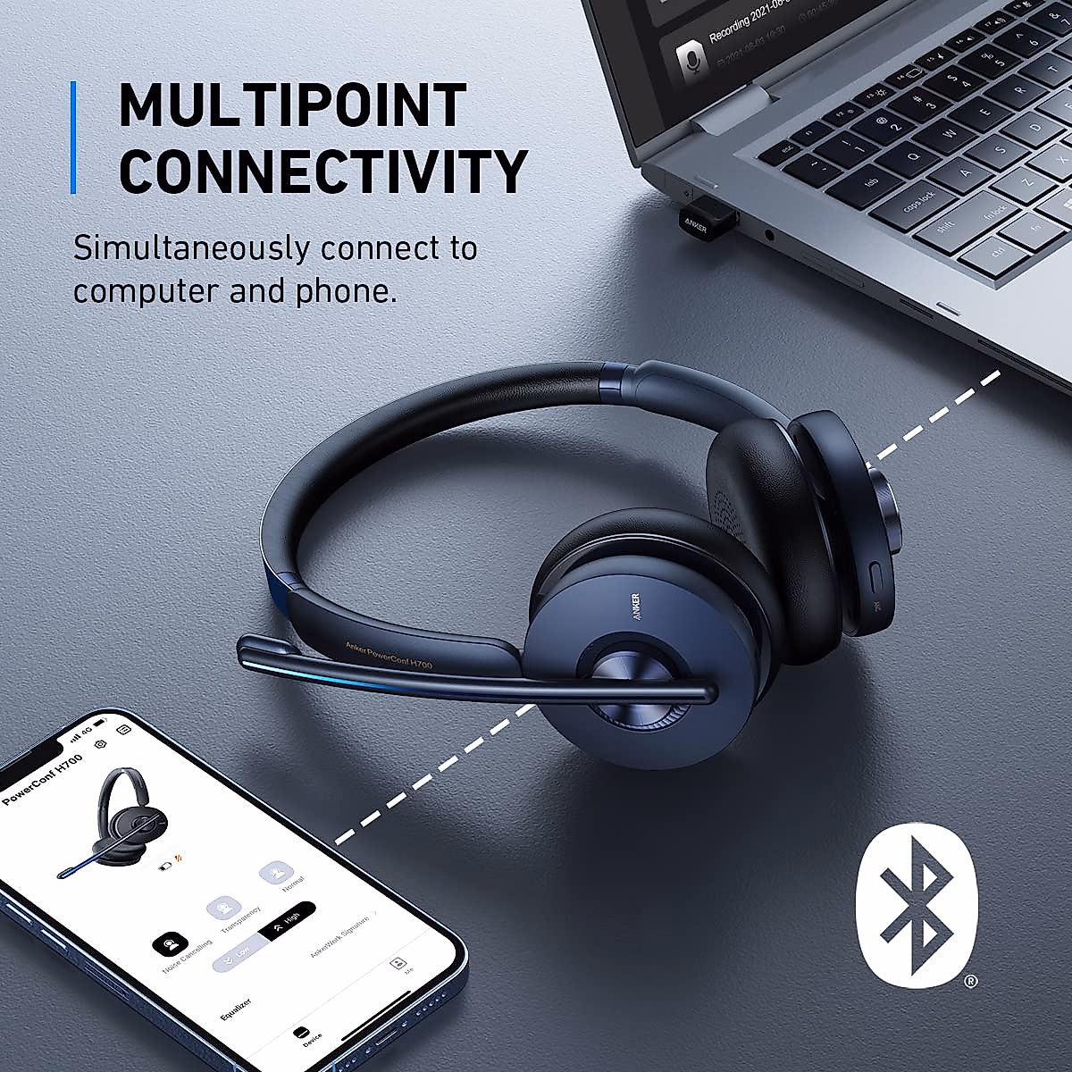 Anker PowerConf H700 with Charging Stand, Bluetooth Headset with Microphone, Active Noise Cancelling, Audio Recording and Meeting Transcription, AI-Enhanced Calls, Compatible with Conference Platforms