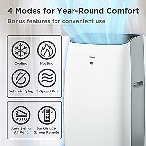 TURBRO Greenland 14,000 BTU Portable Air Conditioner and Heater, Dehumidifier and Fan, 4-in-1 Floor AC Unit for Rooms up to 600 Sq Ft, UV-C Light, Sleep Mode, Timer, Remote Included (10,000 BTU SACC)