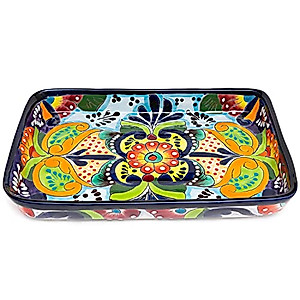 Enchanted Talavera Pottery Mexican Hand Painted Ceramic Rectangle Serving Platter Dish Appetizer Plate Tray Food Mexican Floral Pattern Thanksgiving Holiday Party Fiesta (Large 13.2 x 9 x 2, Multi)