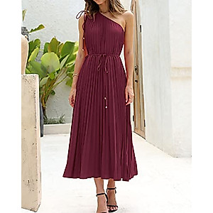 BTFBM Women's Drawstring One Shoulder Maxi Dresses Summer Sleeveless Tie Waist Pleated Long Flowy Party Cocktail Dress(Solid Wine Red, Medium)