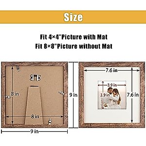 AVEAX 8x8 Picture Frames Display Pictures 4x4 with Mat or 8x8 Without Mat, Set of 4 Square Photo Frame for Wall or Tabletop Brown
